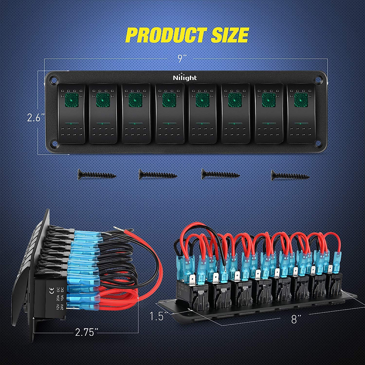 Nilight 8 Gang Rocker Switch Panel 5Pin On Off Toggle Switch Aluminum Holder 12V 24V Dash Pre-Wired Green Backlit Switches for Automotive Cars Marine Boats RVs Truck, 2 Years Warranty