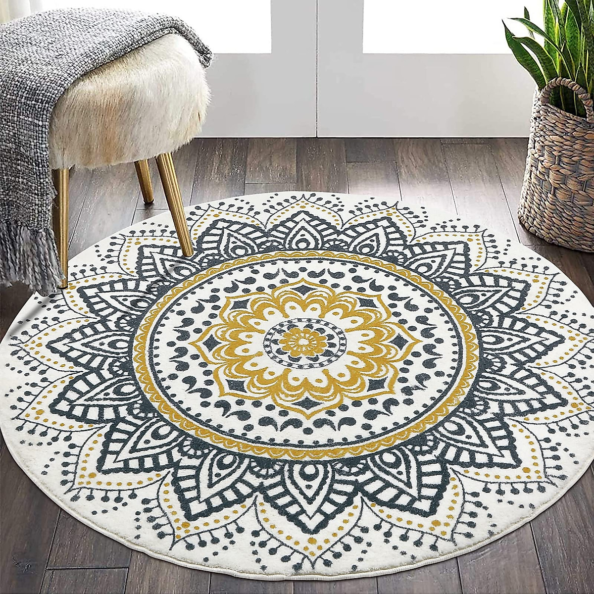 HEBE Boho Round Rugs 4Ft Washable Non Slip Round Area Rug Throw Soft Cute Round Nursery Rug Soft Fluffy Bathroom Rug Circle Rug for Bedroom Dorm Kids Room Nursery