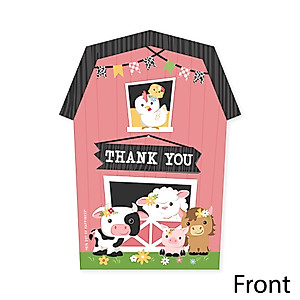 Big Dot of Happiness Girl Farm Animals - Shaped Thank You Cards - Pink Barnyard Baby Shower or Birthday Party Thank You Note Cards with Envelopes - Set of 12