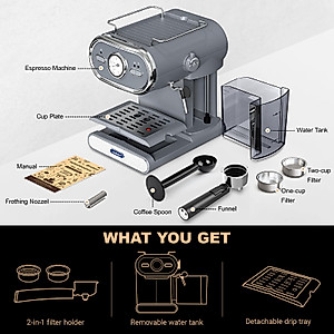 Laekerrt Espresso Machine with Visible Thermometer, 20 Bar Pump Pressure Home Coffee Machine with Milk Frother Steam Wand, 1100W Cappuccino Latte Coffee Maker, with 2 Stainless Steel Filter Cups