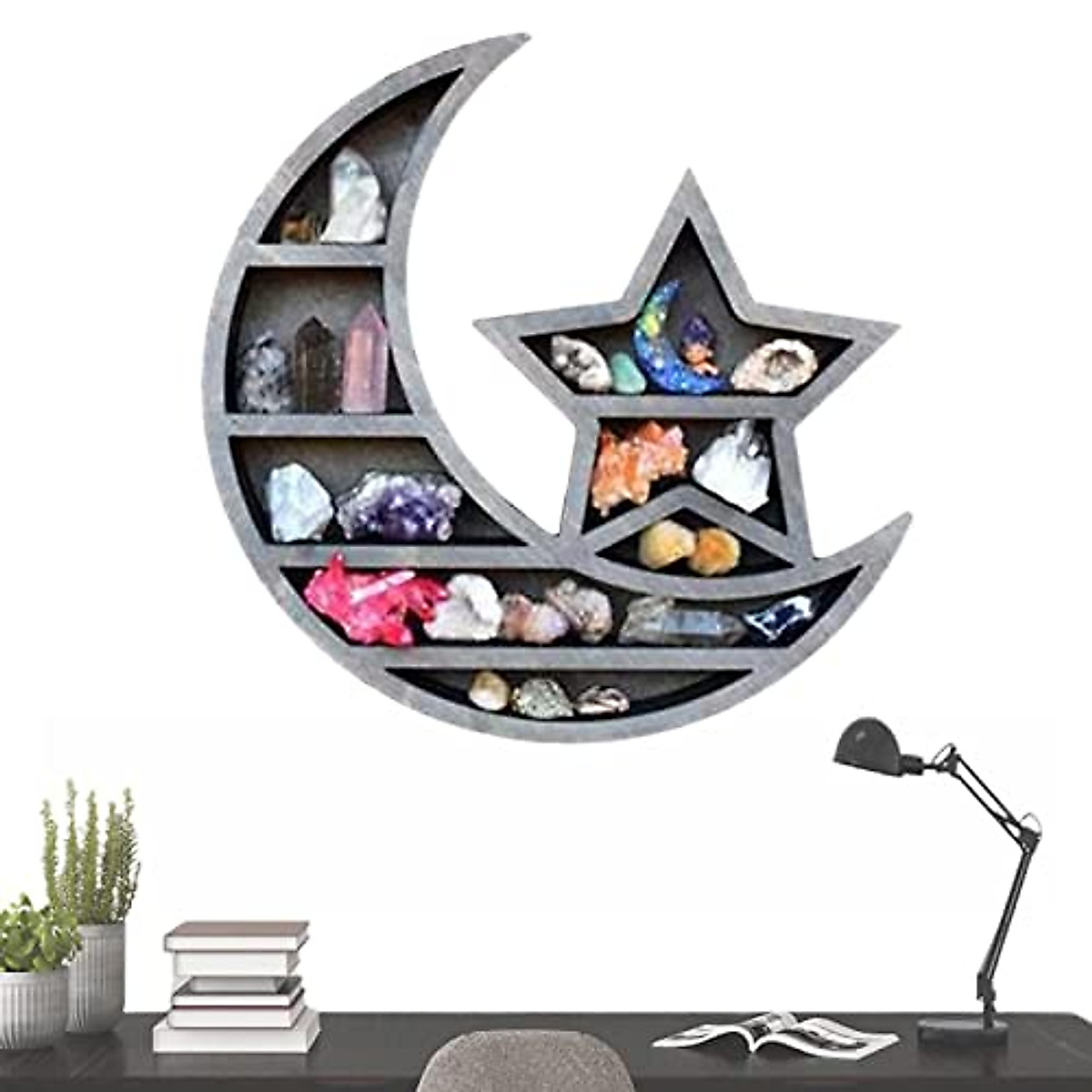 Wooden Crystal Display Shelf, Star On The Moon Shape Crystal Holder for Crystals Stones, Essential Oils Small Plant and Art, Hanging Floating Shelves Gothic Witchy Decor Wall Décor for Home, Office