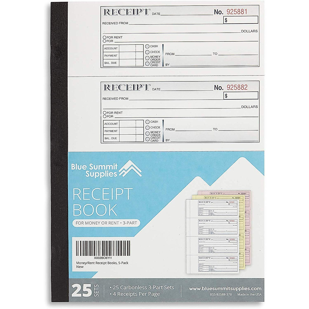 Blue Summit Supplies Triplicate Receipt Book, 100 per Book, 500 Total, 5 Pack, 3 Part Carbonless Payment Receipt Books for Money, Rent, or Cash with White/Yellow/Pink Copies, 11 x 7.5 inch,