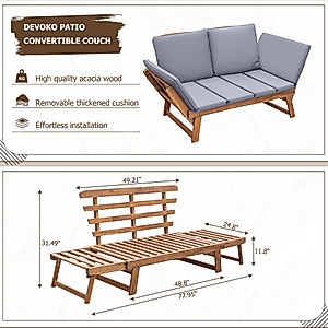 Devoko Outdoor Couch Acacia Wood Patio Couch with Adjustable Armrests,Outdoor Convertible Sofa with Removable Cushions&Pillows for Patio, Porch, Poolside(Grey)