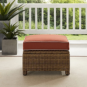 Crosley Furniture Bradenton Wicker Outdoor Ottoman Foot Rest for Patio, Deck, Porch, Brown with Sangria Cushions