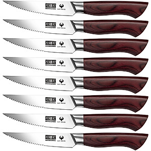 HOSHANHO Steak Knife Set 8 Pieces, 4.5 Inch Super Sharp German High Carbon Stainless Steel Steak Knife Set, Professional Premium Serrated Precise Cutting with Ergonomic Wood Handle