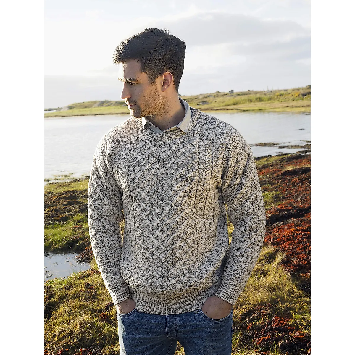 Aran Crafts Unisex Irish Cable Knitted Wool Crew Neck Sweater (C1949-MED-OAT) Oatmeal