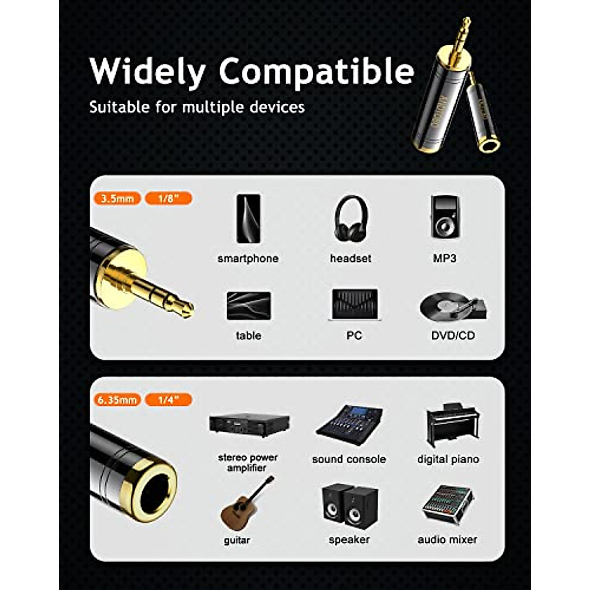 ANDTOBO 3.5mm Male to 1/4'' Female Stereo Pure Copper Headphone Adapter,3.5mm(1/8'') Plug Male to 6.35mm (1/4'') Jack Female Stereo Adapter for Headphone, Amp Adapte, Black 1-Pack