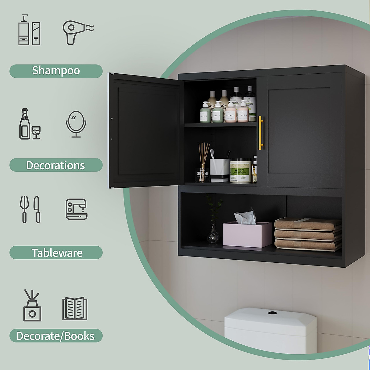 winiowa Metal Bathroom Wall Cabinet, Black Bathroom Cabinet Wall Mount with Adjustable Shelf, Over The Toilet Storage Cabinet Medicine Cabinets for Bathroom, Kitchen