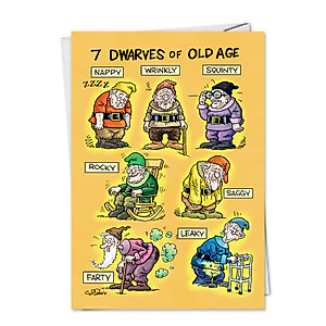 NobleWorks - 1 Awesome Birthday Greeting Card - Cartoon Art, Happy Funny Bday Note - Old-age Dwarves 4729
