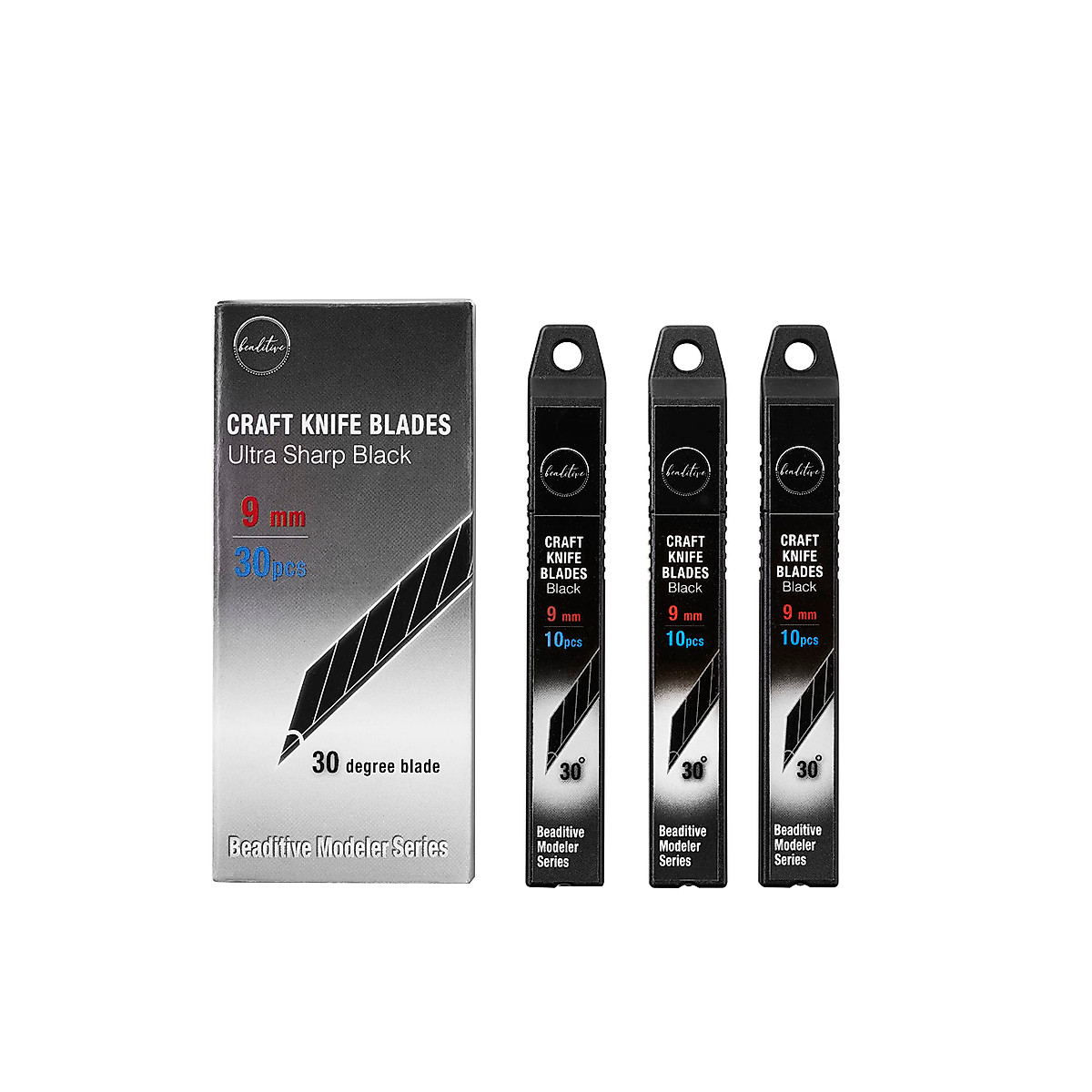 Beaditive Detail Craft Knife Blades (30 pcs) - 30 Degree Snap-Off Utility Knife Blade - Art, Craft, Model Making (Ultra Sharp Black)