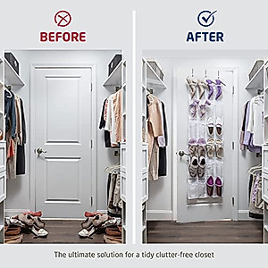 ZOBER Over The Door Shoe Organizer - 24 Breathable Pockets, Hanging Shoe Holder for Maximizing Shoe Storage, Accessories, Toiletries, Laundry Items. 64in x 18in (White, Clear)