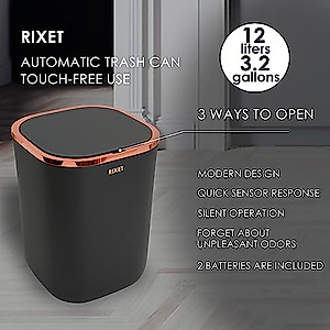 RIXET Automatic Trash can - Touch-Free use 12l/3.2 ga Motion Sensor touchless Trash can with lid, Black Color