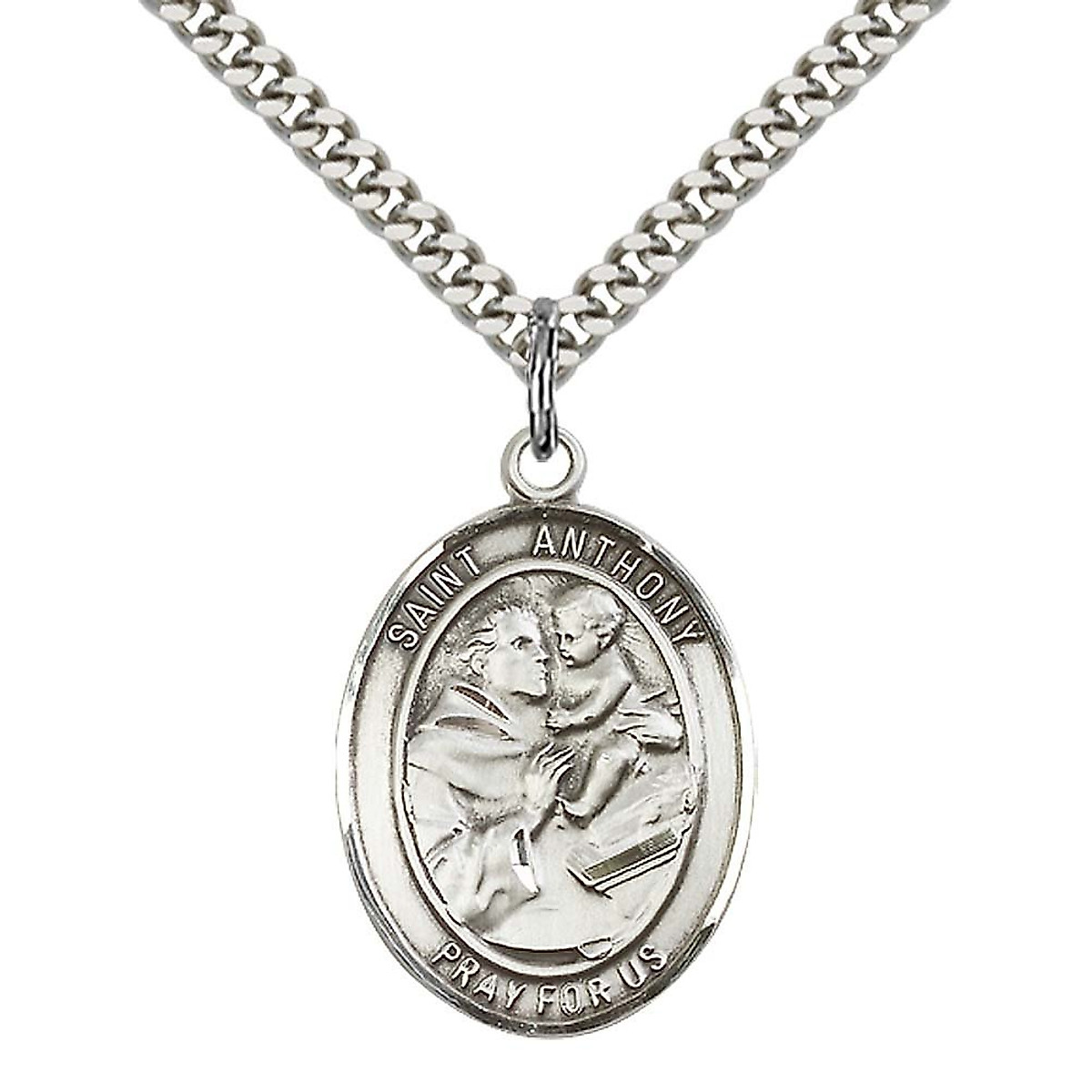 F A Dumont Church Supplies Sterling Silver St. Anthony of Padua Pendant with 24" Stainless Silver Heavy Curb Chain. Patron Saint of Lost Articles/The Poor