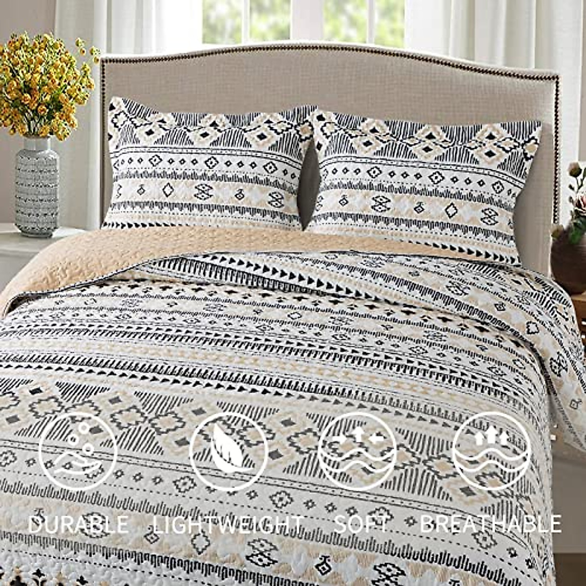 VAPUTAR King Size Quilt Bedding Set - 3 Pieces Soft Stripe Boho King Bedspread, All-Season Lightweight Reversible Coverlet Sets, Quilts King Size for Farmhouse Bedroom (Black/Beige)