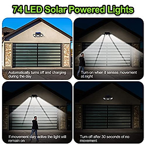 kuujojo Solar Lights Outdoor Garden, 2 Pack 74 LED / 3 Modes 270° Wide Angle Motion Sensor Outdoor Lights, IP65 Waterproof Solar Outdoor Lights, Security Flood Light for Patio Yard and Garage