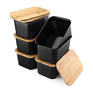 NEATJELAI Storage Bins With Lids 6 Packs Plastic Storage Containers With Bamboo Lids Stackable Storage Baskets for Organizing Desktop Closet Playroom Classroom Office,Black,10.8" L x 7.3" W x 5.1" H