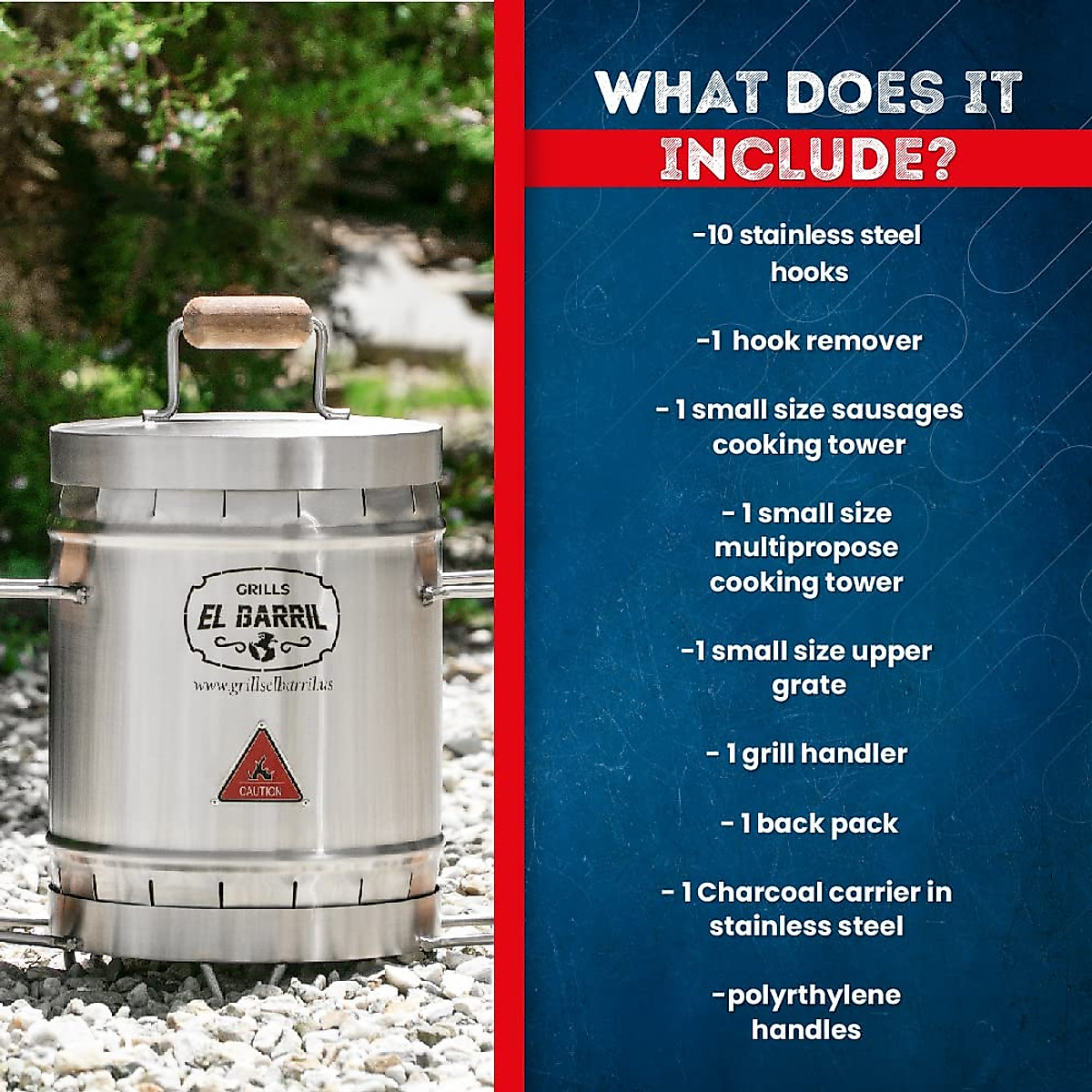 EL BARRIL Grill & Smoker Barrel SMALL Basic Combo| 100% Stainless Steel Barrel with 4 accessories| You can Grill, Smoke, Roast and Bake| Smokeless, Even Heat Distribution & Perfect for Your Meats