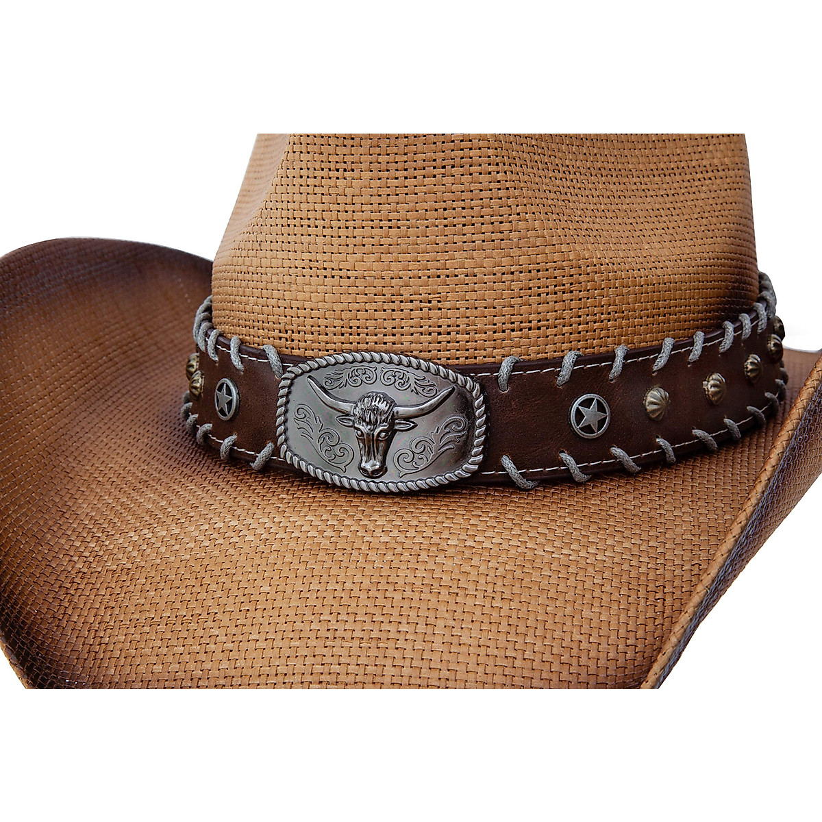 Queue Essentials Men & Women's Woven Straw Cowboy Cowgirl Hat Western Outback w/Wide Brim (Long Horn)