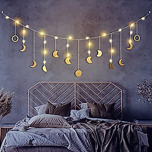 Moon Phase Wall Decor with LED String Light, 13 Gold Hammered Wood Boho Wall Hanging Decor Mood Garland 56'' - Celestial Phases Moon Decor in Bohemian Style for Bedroom Home Living Room Gift