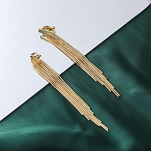 Women Long Tassel Clip On Dangle Earrings Gold Punk Sleek Metal Chain Clip Earrings Statement Wedding Bridesmaid Jewelry