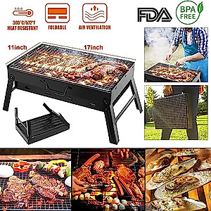 Portable BBQ Grill Folding Charcoal Grill, 17 * 10’’ Barbecue Area Stainless Grill, Lightweight Instant Smoker Grill, Small Grill, Table Top Grill for Outdoor Barbecues Camping Picnics Beach Party