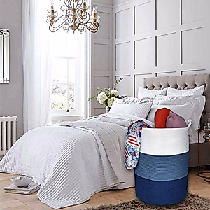 COMSE Extra Large Blanket Basket, High Storage Basket, Tall Rope Laundry Basket, 15.7”x 21.7”, Cotton Rope Basket, XXXL Laundry Basket, Toy Basket, Clothes Baskets,White/Cadet Blue/Navy Blue