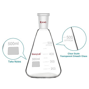 StonyLab Glass 24/40 Erlenmeyer Flask, Borosilicate Glass Heavy Wall Flask with 24/40 Standard Taper Outer Joint, 500ml