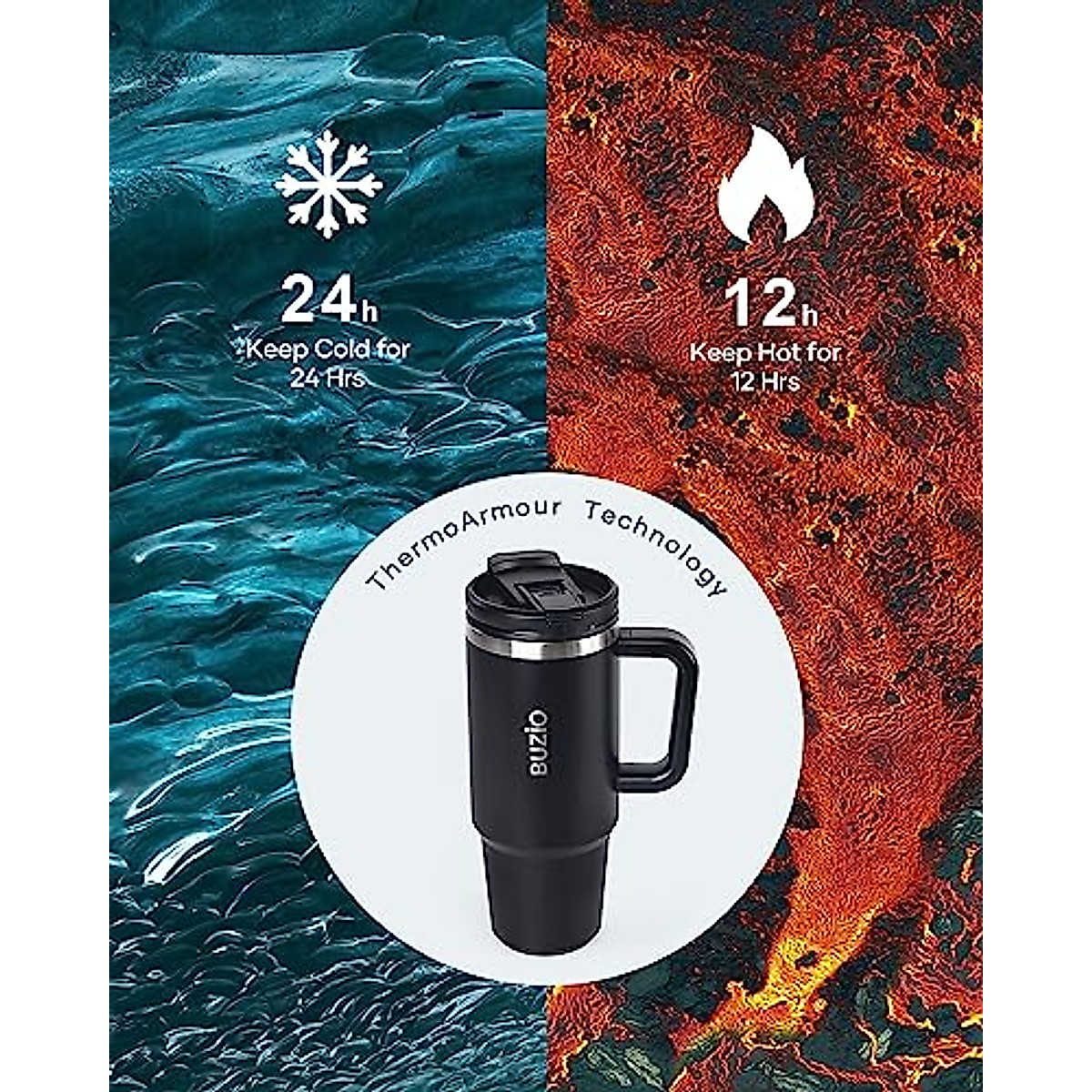 BUZIO 40oz Tumbler with Handle and Straw Lid, Stainless Steel Water Bottle Fits in Cup Holder, Insulated Tumbler Reusable Coffee Mug Travel Flask,Leak-Proof, Keep Cold for 24 Hrs/Hot for 12 Hrs, Black