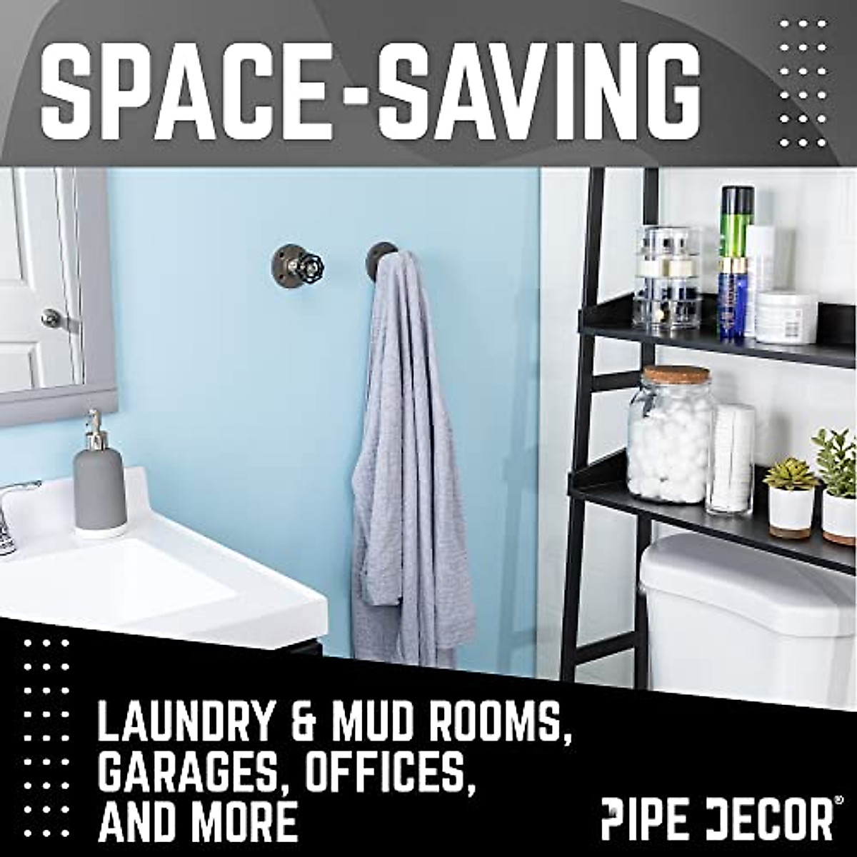 PIPE DECOR Coat Hook Black Industrial Water Spigot Valve Wall Mount with Real Iron Plumbing Flange for Home, Office or Retail Space 2-Pack