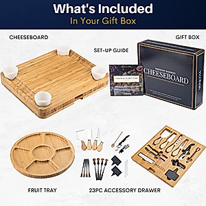 VAREZZA Bamboo Cheese Board and Knife Set Extra Large Charcuterie Board Set - Serving Board, Side Cheese Tray, Round Bamboo Fruit Cheese Platter, 23 Entertaining Accessories for House Warming Gift