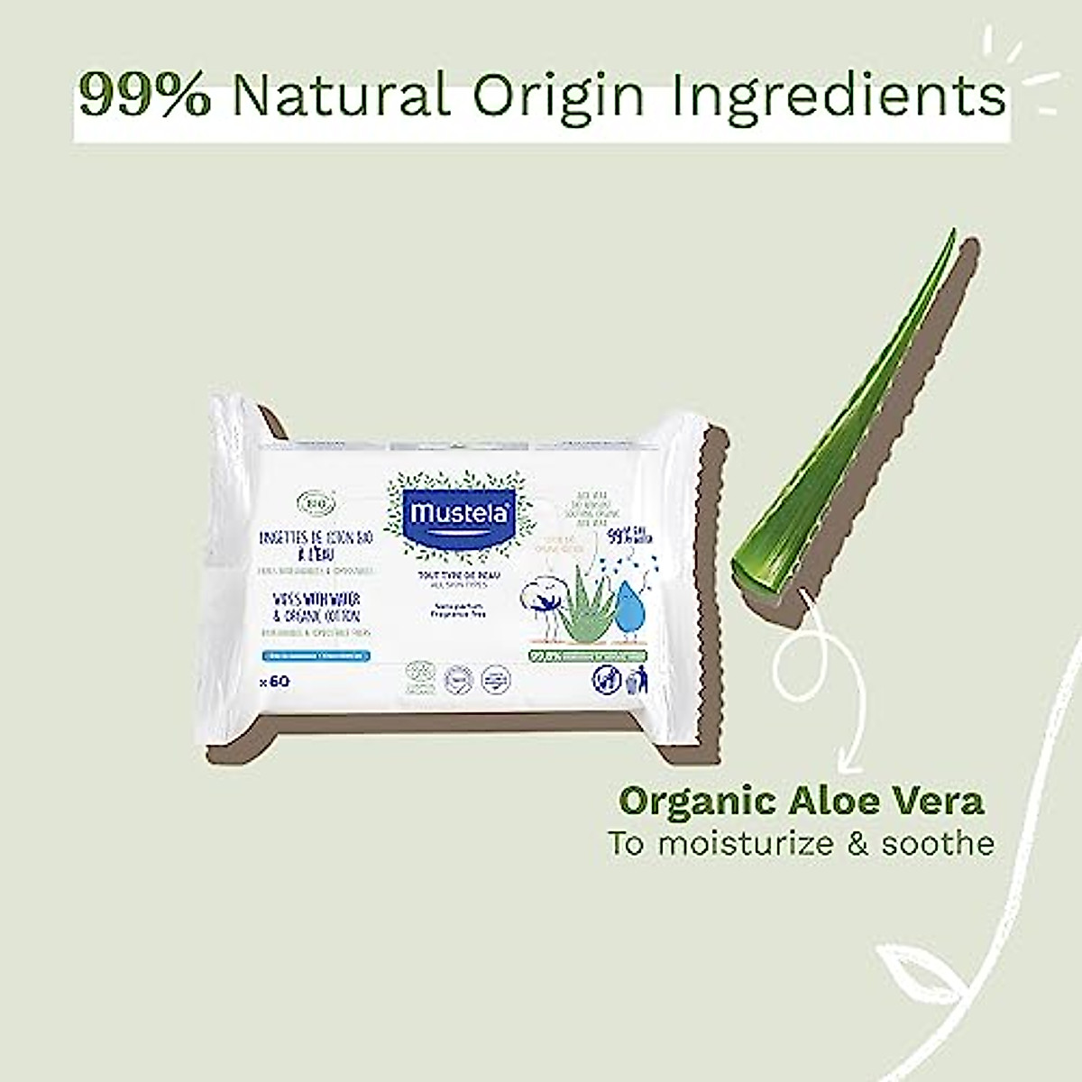 Mustela Baby Water Wipes with Organic Cotton & Aloe Vera - For Face & Body - Fragrance Free - Made with Compostable, Plastic Free & Biodegradable Fibers - EWG Verified - 60 ct.