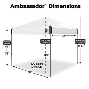 E-Z UP Ambassador Instant Shelter Canopy, 10' x 10', Roller Bag and 4 Piece Spike Set, White Slate