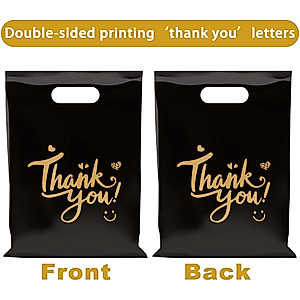 100Packs Thank You Shopping Bags for Boutique Small Business Die Cut Handle 12x15 Inch Glossy Bulk Retail Merchandise Bags Black Gold Plastic Reusable Gift Bags for T-Shirt Packaging Goodie Bags