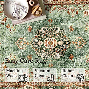 Castage 5x7 Area Rugs Washable,Green Rug for Living Room Bedroom Kitchen,Large Boho Vintage Bohemian Distressed Oriental Carpet Non Slip