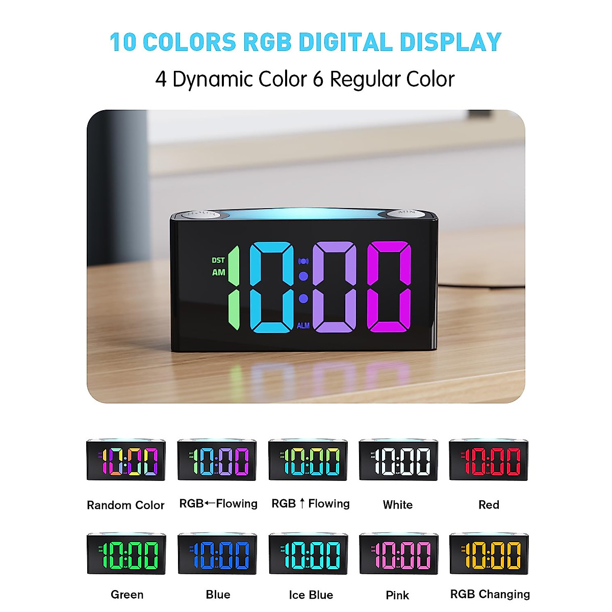 PPLEE RGB Digital Clock-Alarm Clocks for Bedrooms,Large Bold Number 7 Dimmers,Battery Backup Loud Alarm Clock,8 Modes Night Light,Dual Charger USB&Type-C,Bedside Desk Clock for Kid Adult Heavy Sleeper