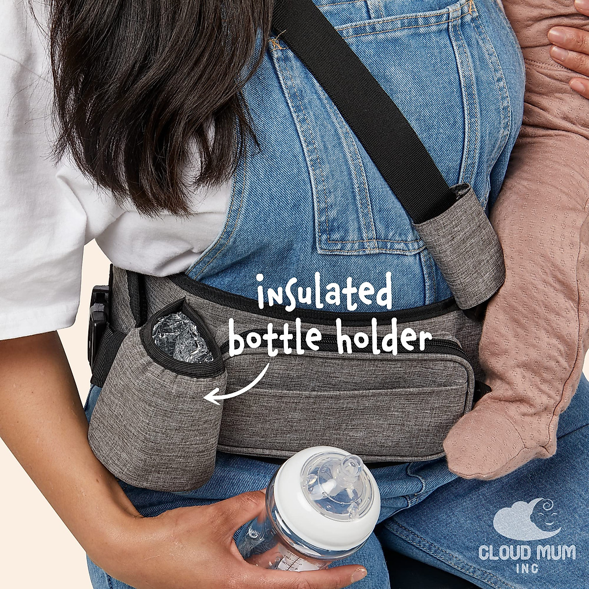 CLOUD MUM INC Ergonomic Baby Hip Carrier seat - Comfortable & CPC Certified, 5 Pockets, Shoulder Support, Waist Extender and Bottle Insulator, 7-66 lbs. - Perfect for Newborns to 36 Months (Grey)
