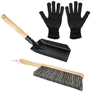 DIRBUY Coal Shovel and Hearth Brush Set, Fireplace Shovel and Brush Set for Ash, with Black Silicone Gloves, Heavy Duty Metal Fireplace Tools Set