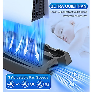 PS5 Stand with Cooling Station PS5 Controller Charging Station for Playstation 5 PS5 Console Edition, PS5 Accessories-Cooler Fan/Remote Charger/Headset Holder(Not Fit 2023 PS5 Slim Disc/Digital)