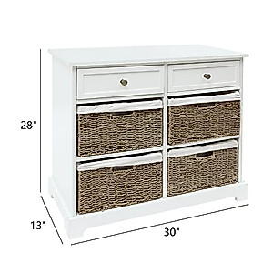 White Storage Cabinet with Baskets, Wicker Storage Cabinet with 2 Drawers and 4 Wicker Baskets, Farmhouse Wicker Basket Storage Tower for Kitchen Entryway, Wicker Dresser, Accent Table (White)