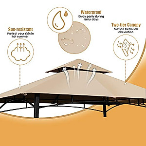 Tangkula 8' x 5' Grill Gazebo, Outdoor Patio Barbecue Gazebo Shelter with LED Lights, 2-Tier Canopy Top Cover Grill Gazebo with Sturdy Steel Frame, Ideal for Gatherings, Parties (Khaki)