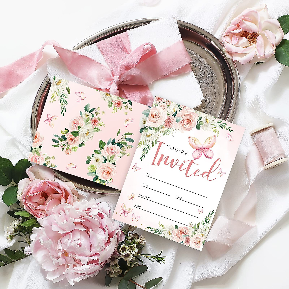 AnyDesign 20 Sets Butterfly Pink Floral Invitation with Envelopes Stickers 5 x 7 Inch Watercolor Flower Invitation Cards Blank Invites for Wedding Bridal Baby Shower Birthday Dinner Party