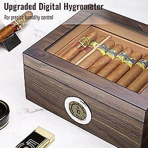 Flauno Desktop Cigar Humidor, Cedar Wood Humidor Cigar Box with Digital Hygrometer, Humidifier, Tray and Dividers, Holds 25-50 Cigars, Walnut Finish