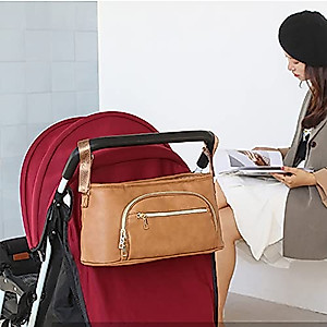 KZNI Leather Baby Stroller Organizer with Insulated Cup Holders,Diaper Storage Secure Straps Pockets for Phone Compact Design Fit All Strollers(brown)