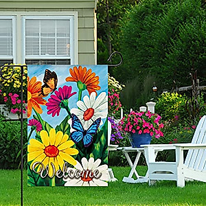 WODISON Welcome Floral Spring Summer Garden Flag, Butterfly Flowers Daisy Burlap Flag 12" x 18" Double Sided, Seasonal Outdoor Decoration For Yard Home (ONLY FLAG)