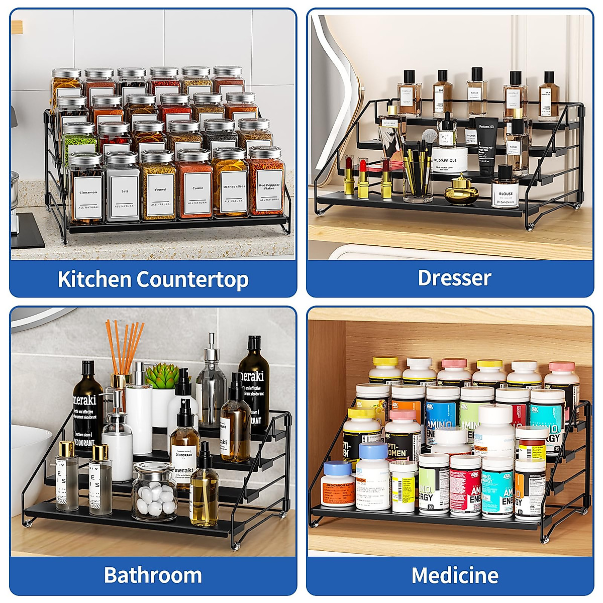 BOIVSHI 4 Tier Spice Rack for Cabinet, Spice Rack Organizer, Depth Adjustable Spice Holder for Countertop, Cupboard, Pantry, Seasoning Shelf, Metal, Black (1 Pack)