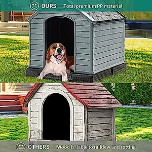 YITAHOME 34.5'' Large Plastic Dog House Outdoor Indoor Doghouse Puppy Shelter Water Resistant Easy Assembly Sturdy Dog Kennel with Air Vents and Elevated Floor (34.5''L*31''W*32''H, Black+Gray)