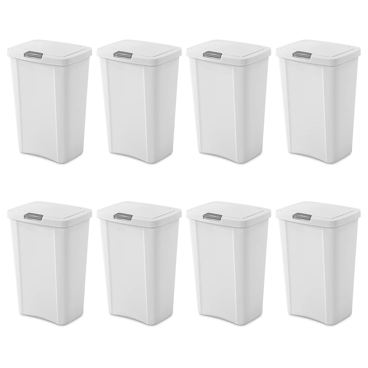 Sterilite 13 Gallon TouchTop Wastebasket Trash Can Garbage Recycle Bin with Titanium Latch for Kitchen, Garage, Basement, or Office, White (8 Pack)