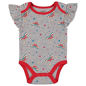 Wonder Woman Newborn Girls 3 Pack Bodysuits (Red/Blue/Grey, 3-6 Months)