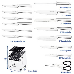 Kinfe set, Jiaedge Kitchen Knife Set with Block, 15-PC German High Carbon Stainless Steel Chef Knives Set for Kitchen with Block, Dishwasher Safe Steak Knives, Acrylic Stand, Knife Sharpener, Silver