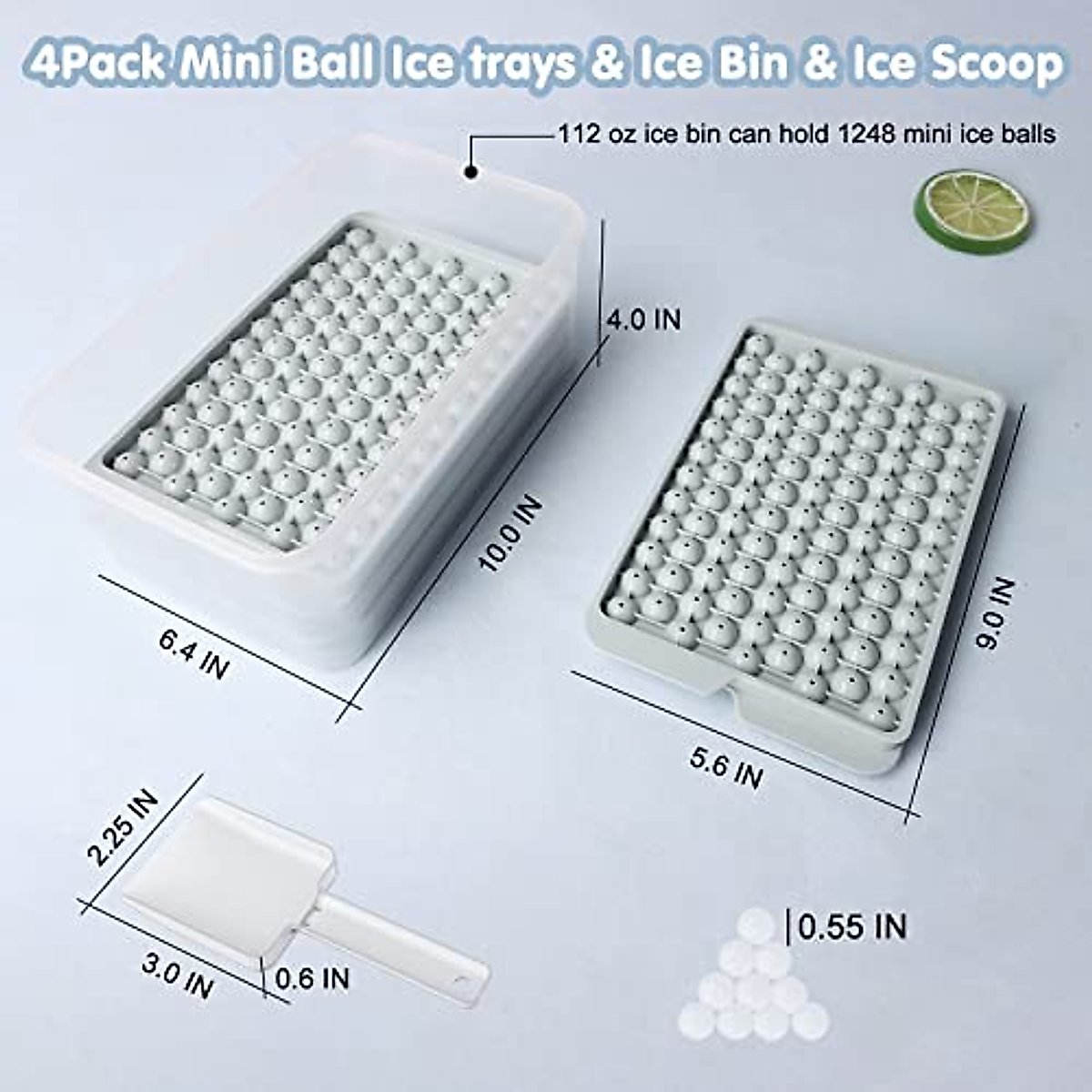 WIBIMEN Mini Ice Cube Trays, Upgraded Small Ice Cube Trays Easy Release, 104x4 PCS Tiny Ice Cube Tray Crushed Ice Tray for Chilling Drinks Coffee Juice(4Pack Blue Ice trays & Ice Bin & Ice Scoop)